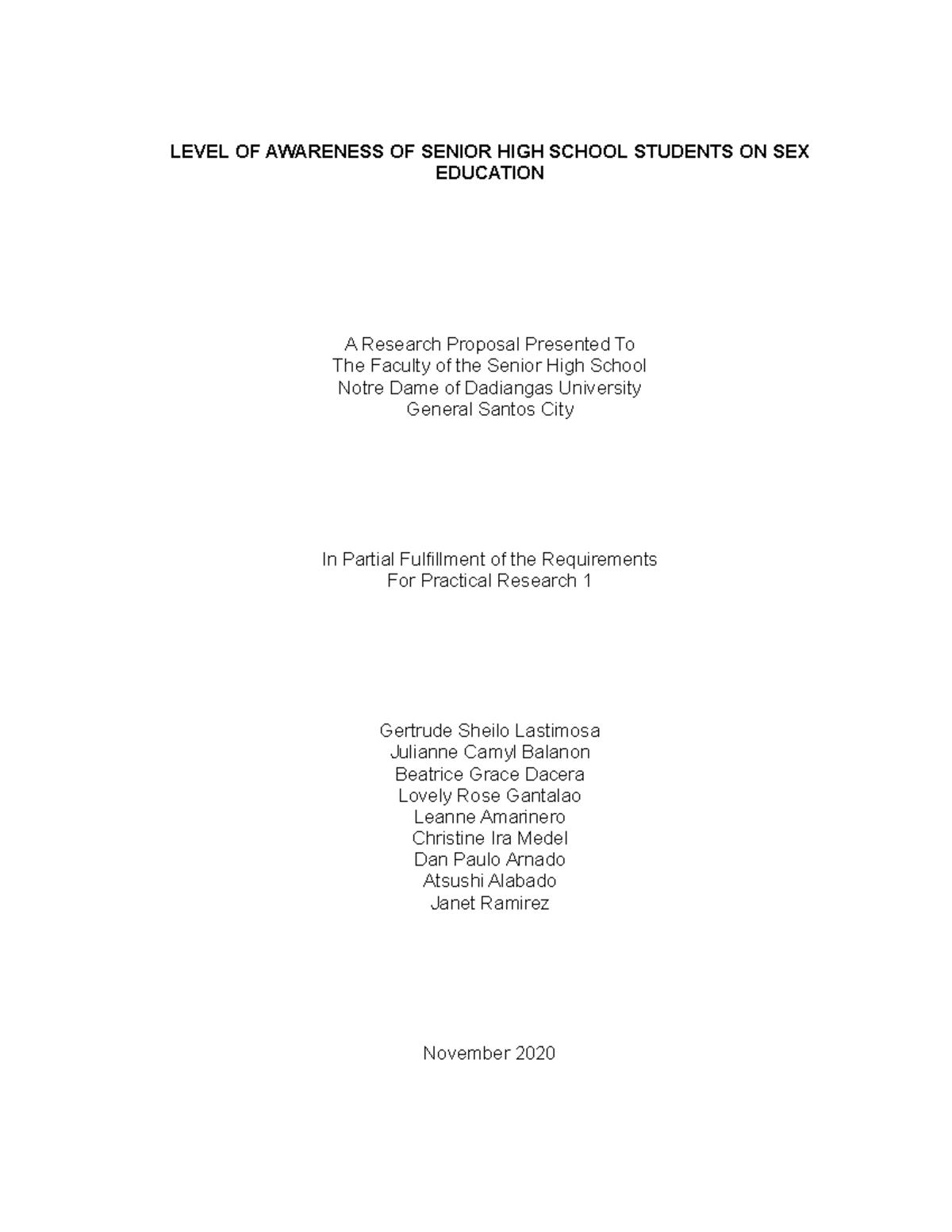 Level Of Awareness On Sex Ed Level Of Awareness Of Senior High School