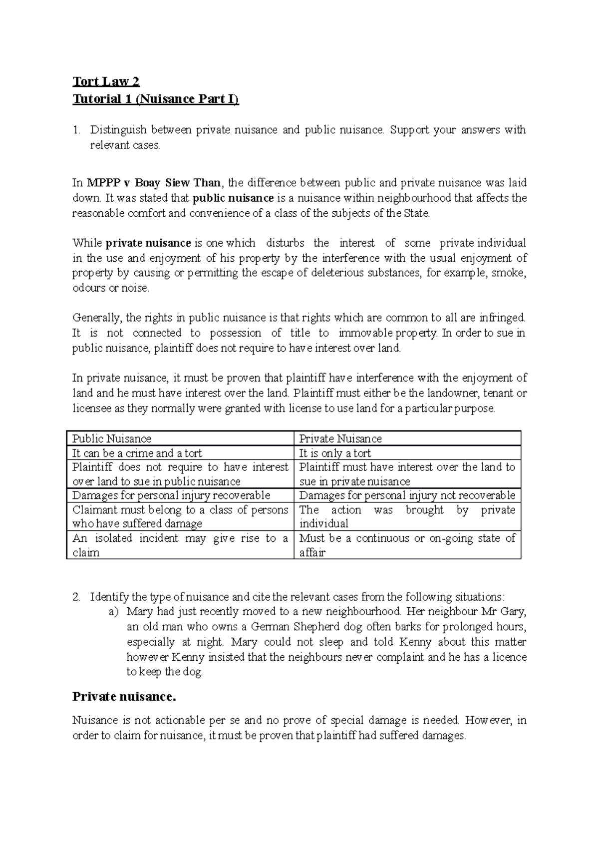 Law Of Tort 2 Tutorial 1 Week 2 Tort Law 2 Tutorial 1 Nuisance Part