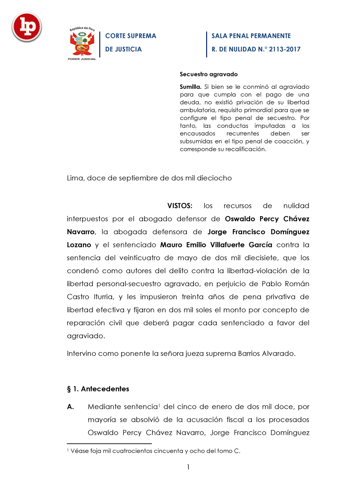 Recurso De Nulidad 2113 2017 Lima Req Pra Coacción De Justicia R