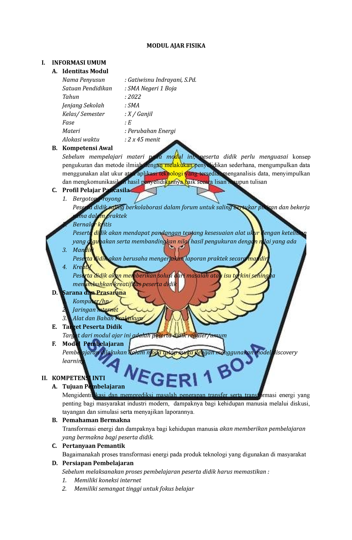 Differensiasi Gatiwisnu Modul Ajar Fisika X Perubahan Energi Modul