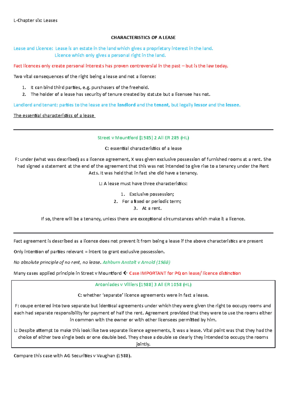 Land Law Leases Characteristics Of A Lease Lease And Licence Lease