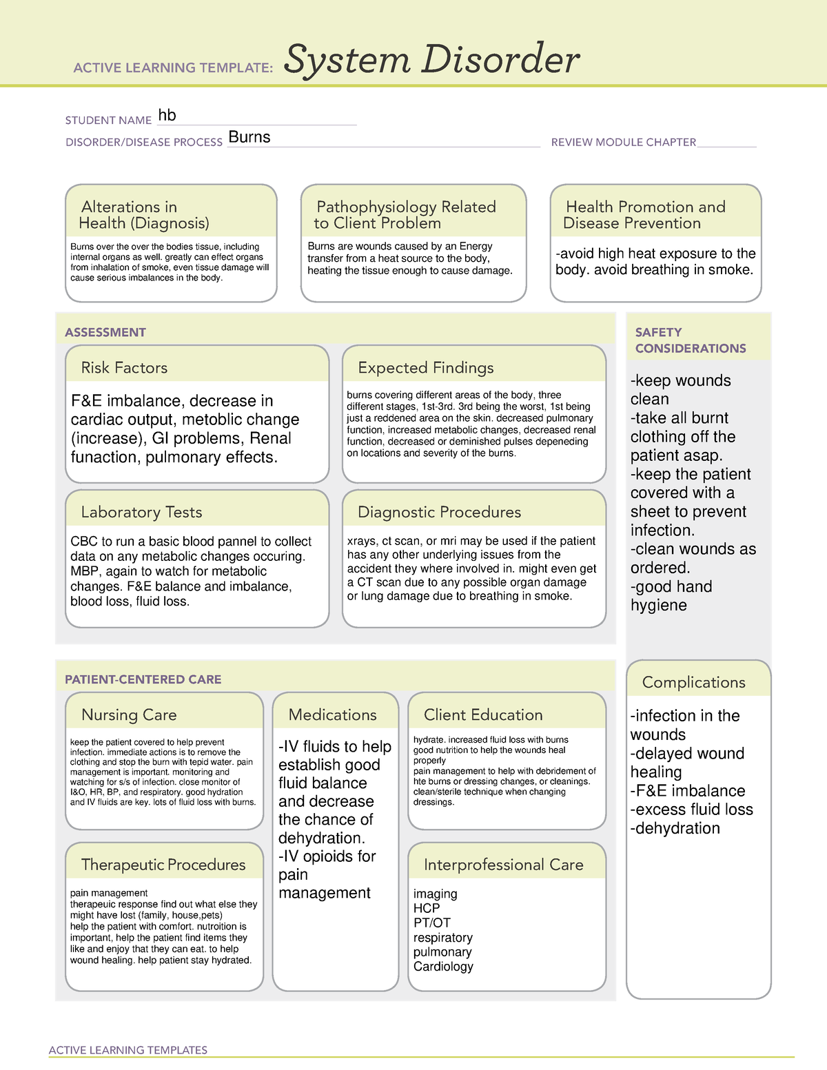 Burns System Disorder Template