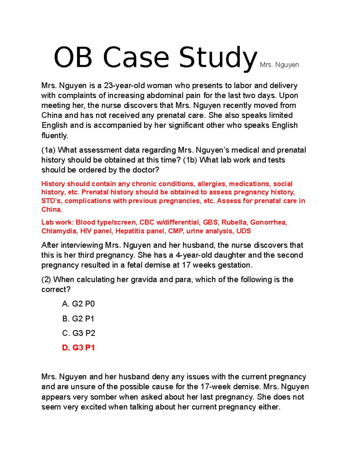 Ob Case Study Answers Ob Case Study Mrs Nguyen Mrs Nguyen Is A 23