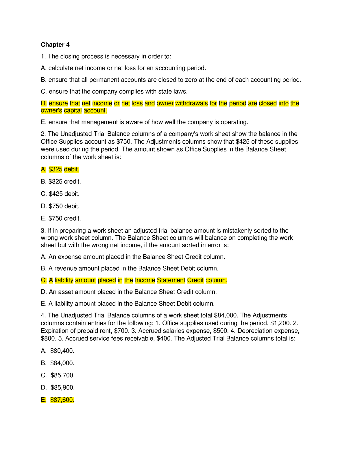 Quiz Chapter 3 4 Pratice Material For Quiz Chapter 4 The Closing