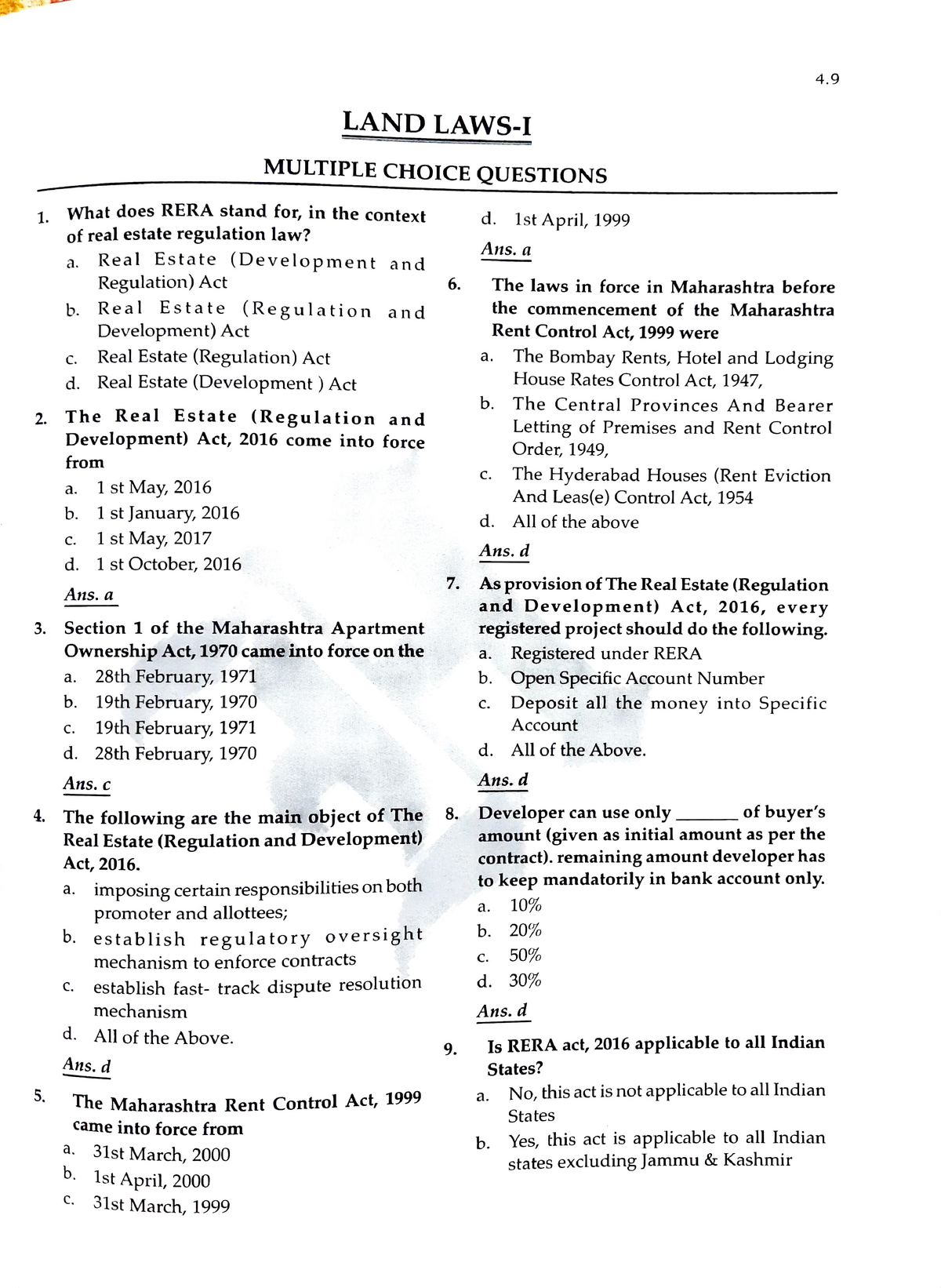 Land Law Mcqs Mcq 1 Land Laws I Multiple Choice Questions What Does