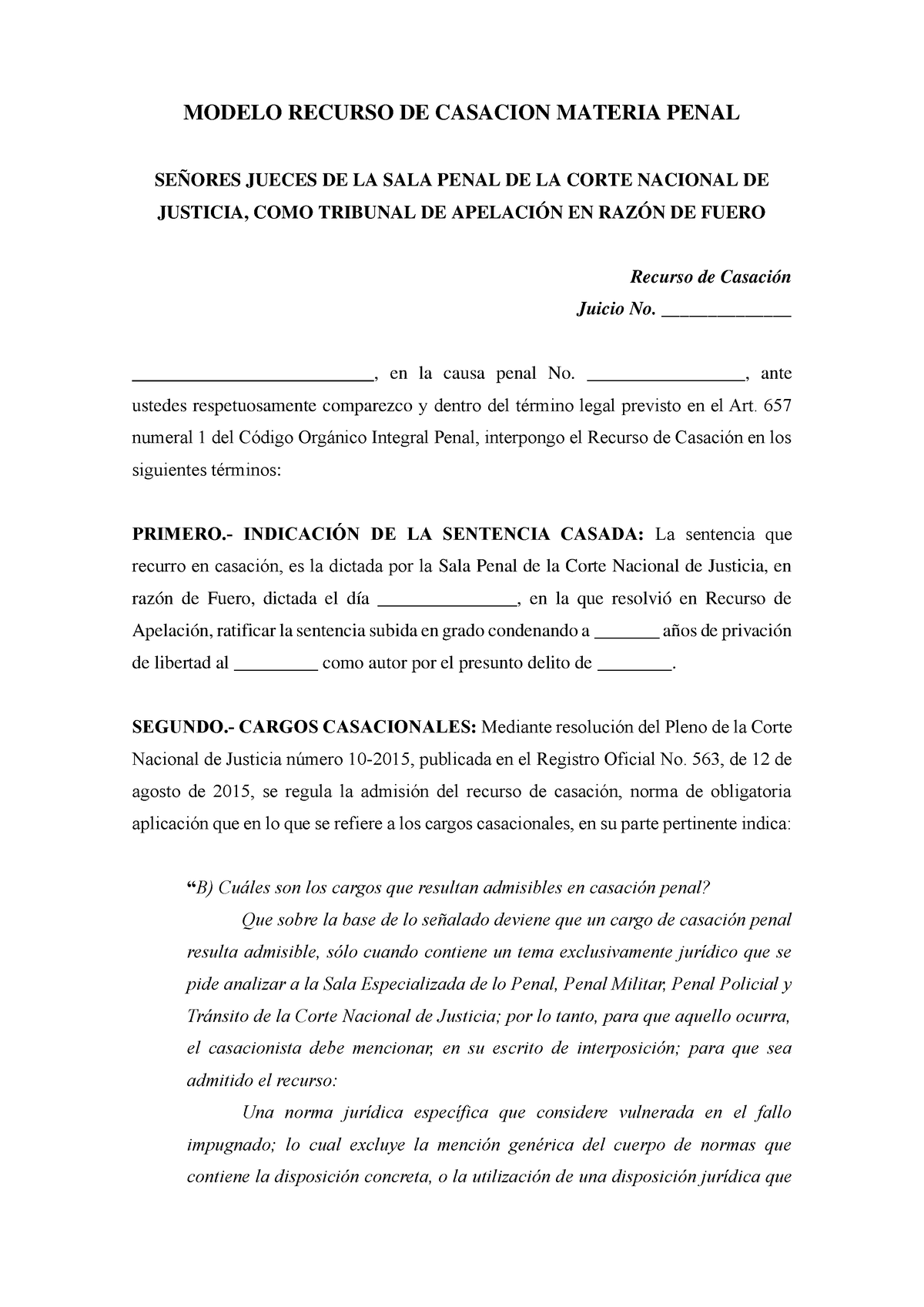 Recurso De Casacion 2022 Modelo Recurso De Casacion Materia Penal