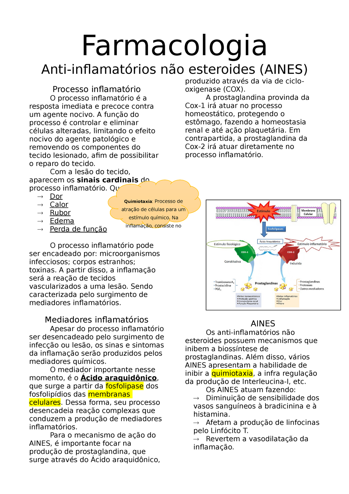 Farmacologia Resumo Aines Farmacologia Anti Inflamatórios Não