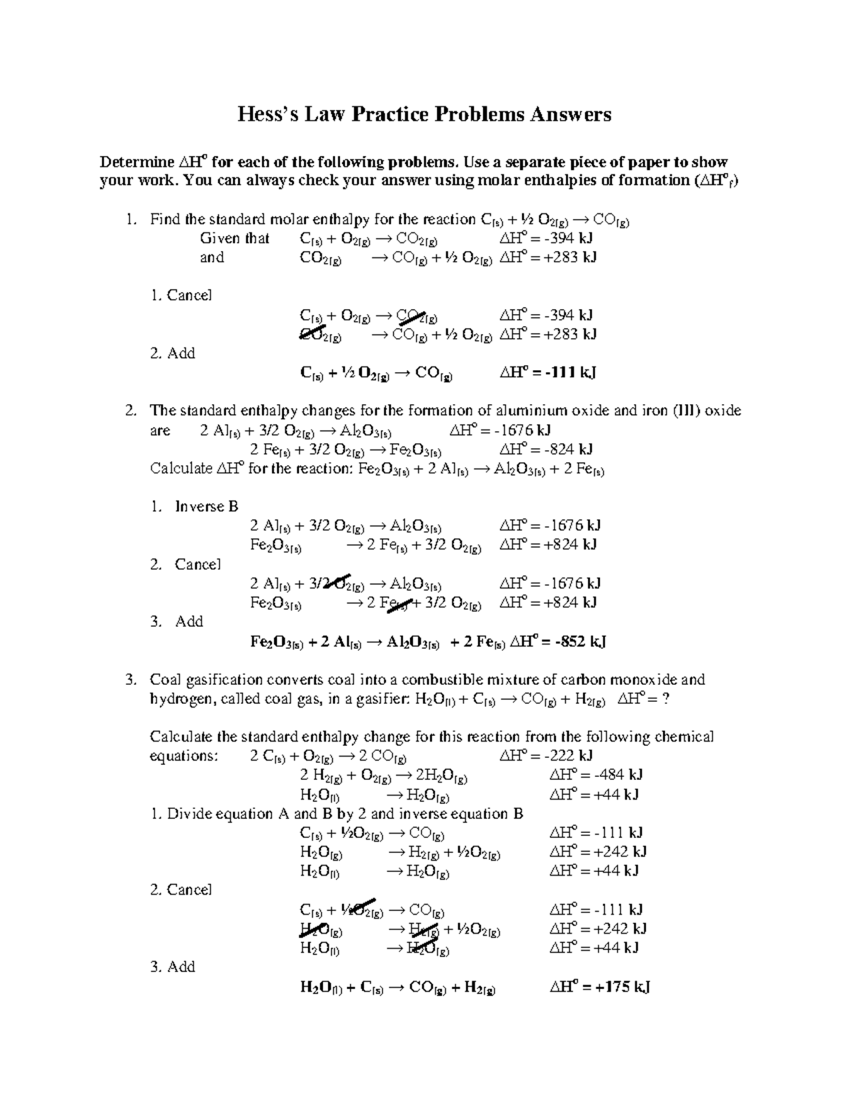 99 Hess Law Worked Examples Hesss Law Practice Problems Answers