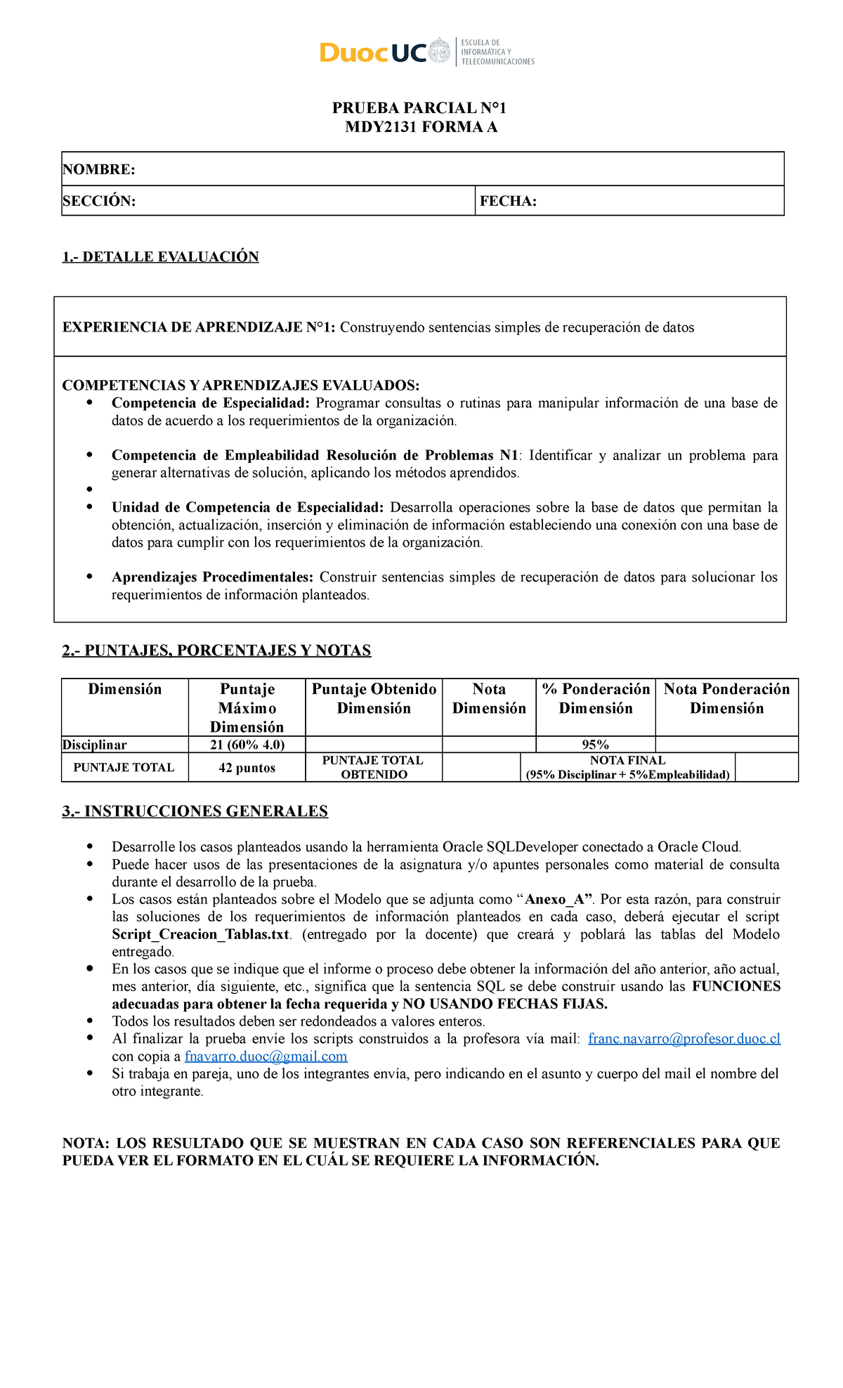 Prueba Parcial N°1 Mdy2131 Forma A Prueba Parcial N° Mdy2131 Forma A