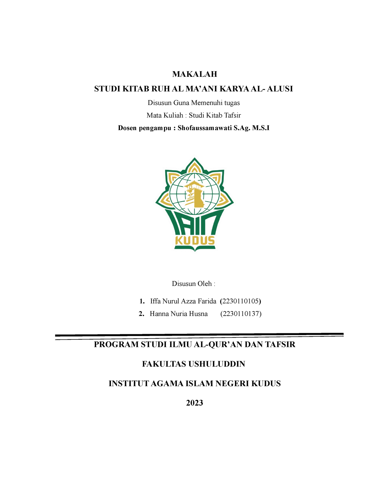 Makalah Studi Kitab Tafsir Makalah Studi Kitab Ruh Al Maani Karya Al