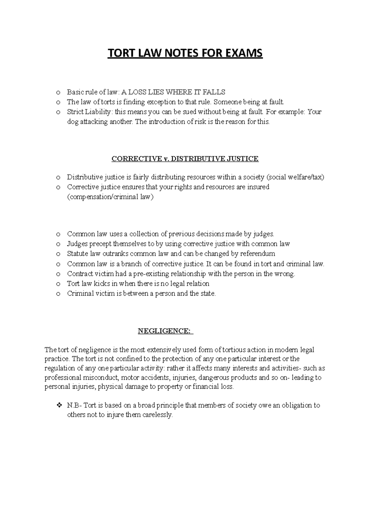 Tort Law Notes For Exams Tort Law Notes For Exams O Basic Rule Of Law