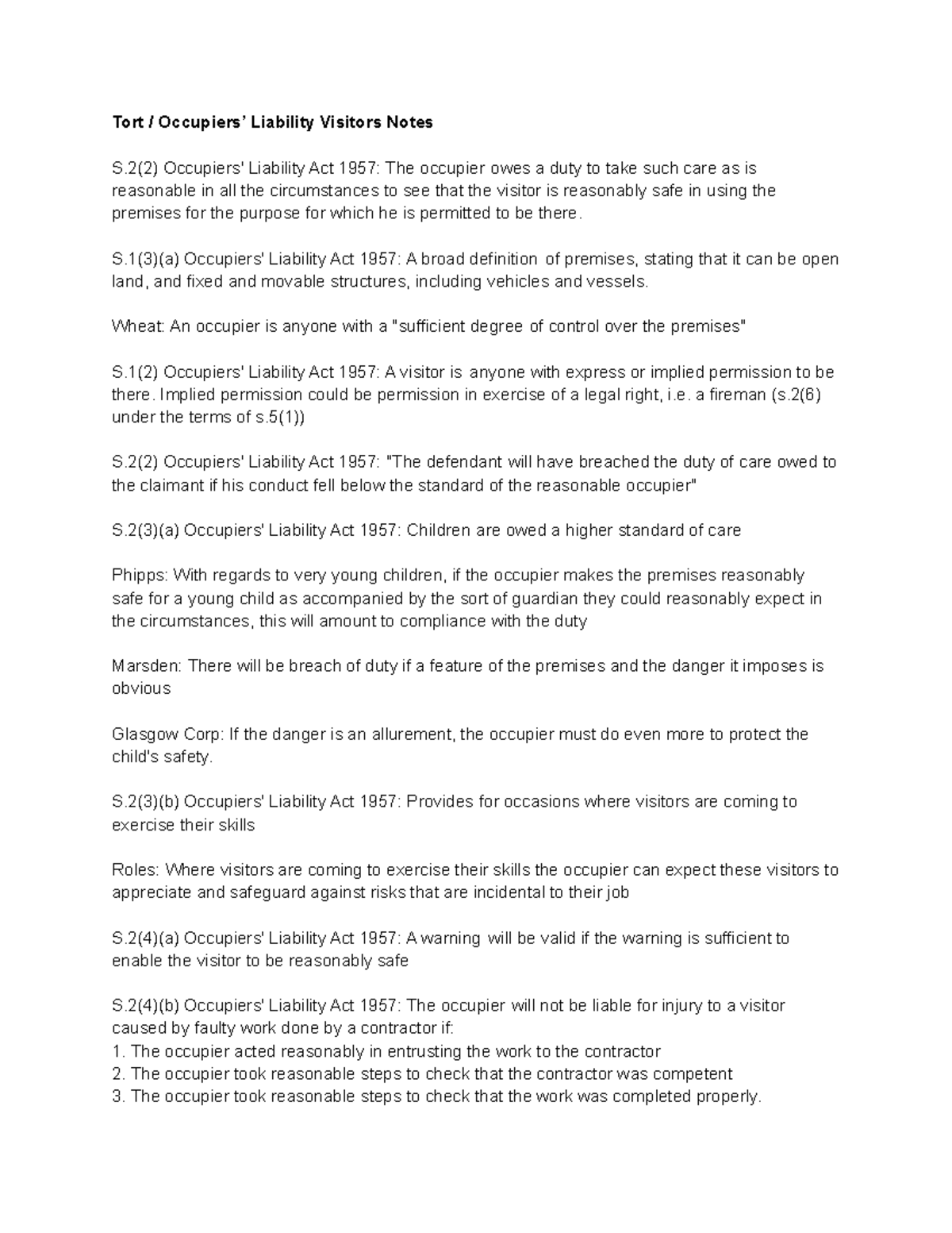 Tort Occupiers Liability Visitors Notes Tort Occupiers Liability