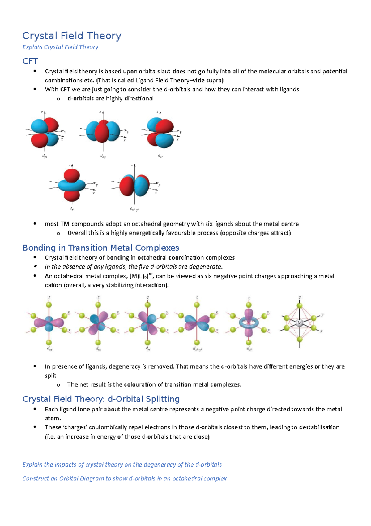 Crystal Field Theory Notes From Inorganic Section Of Course Crystal