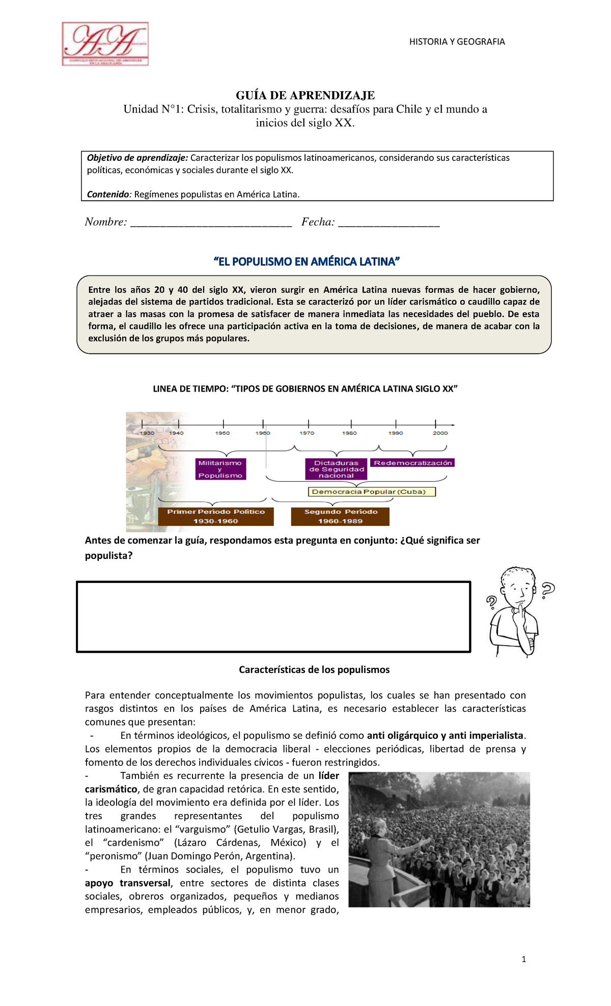 Guia 2º Medio Populismo GuÍa De Aprendizaje Unidad N°1 Crisis