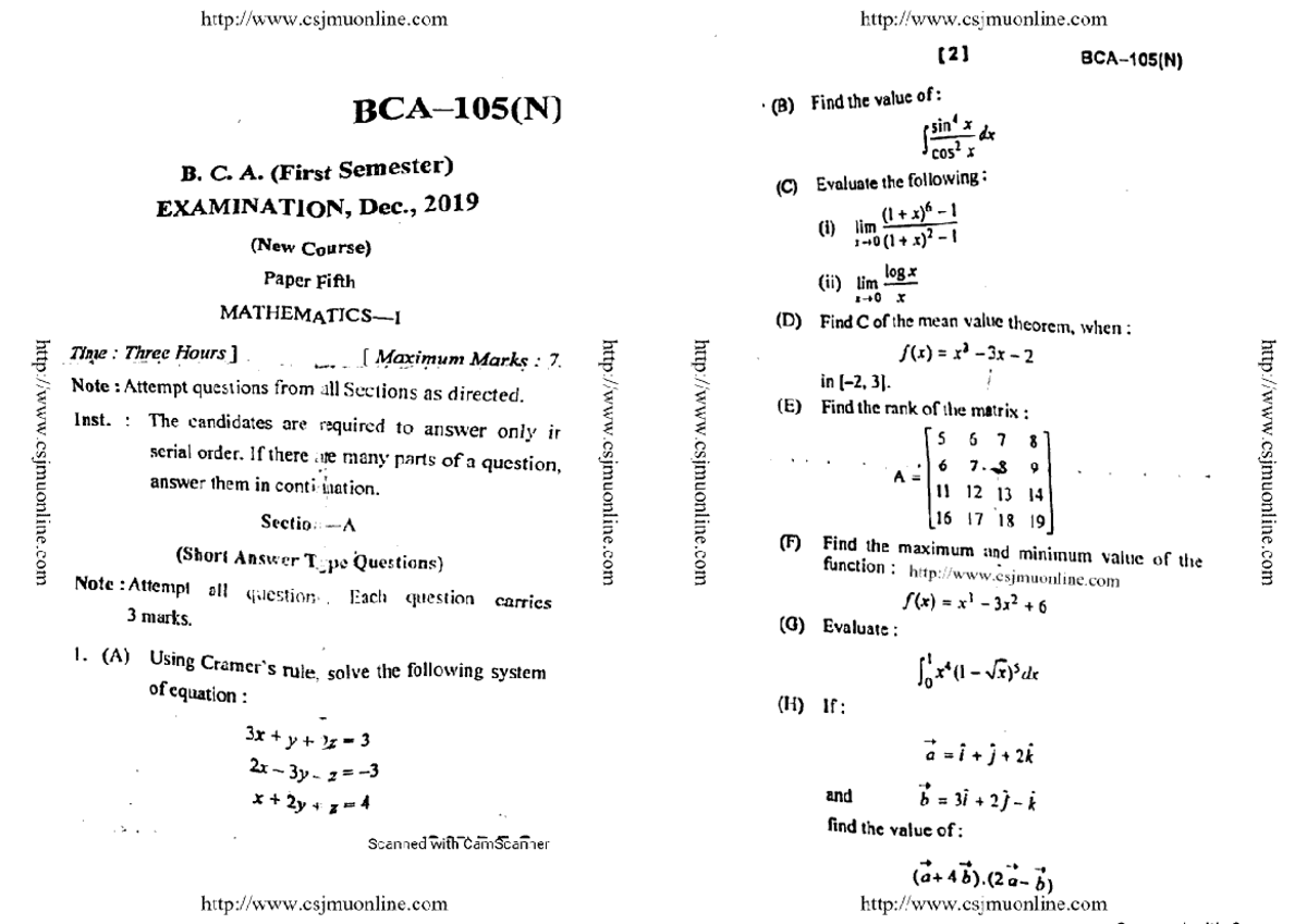 Bca 1 Sem Mathematics 1 Bca 105 N Dec 2019 Bca Studocu