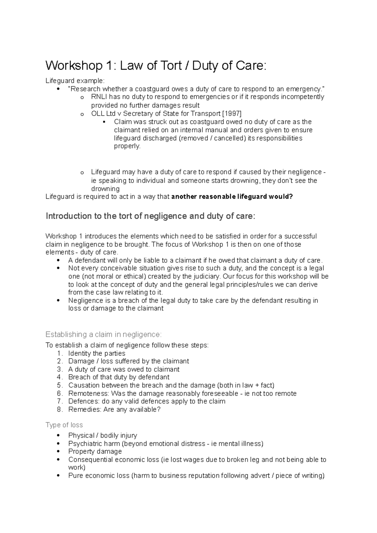 Tort Law Workshop 1 Notes Workshop 1 Law Of Tort Duty Of Care