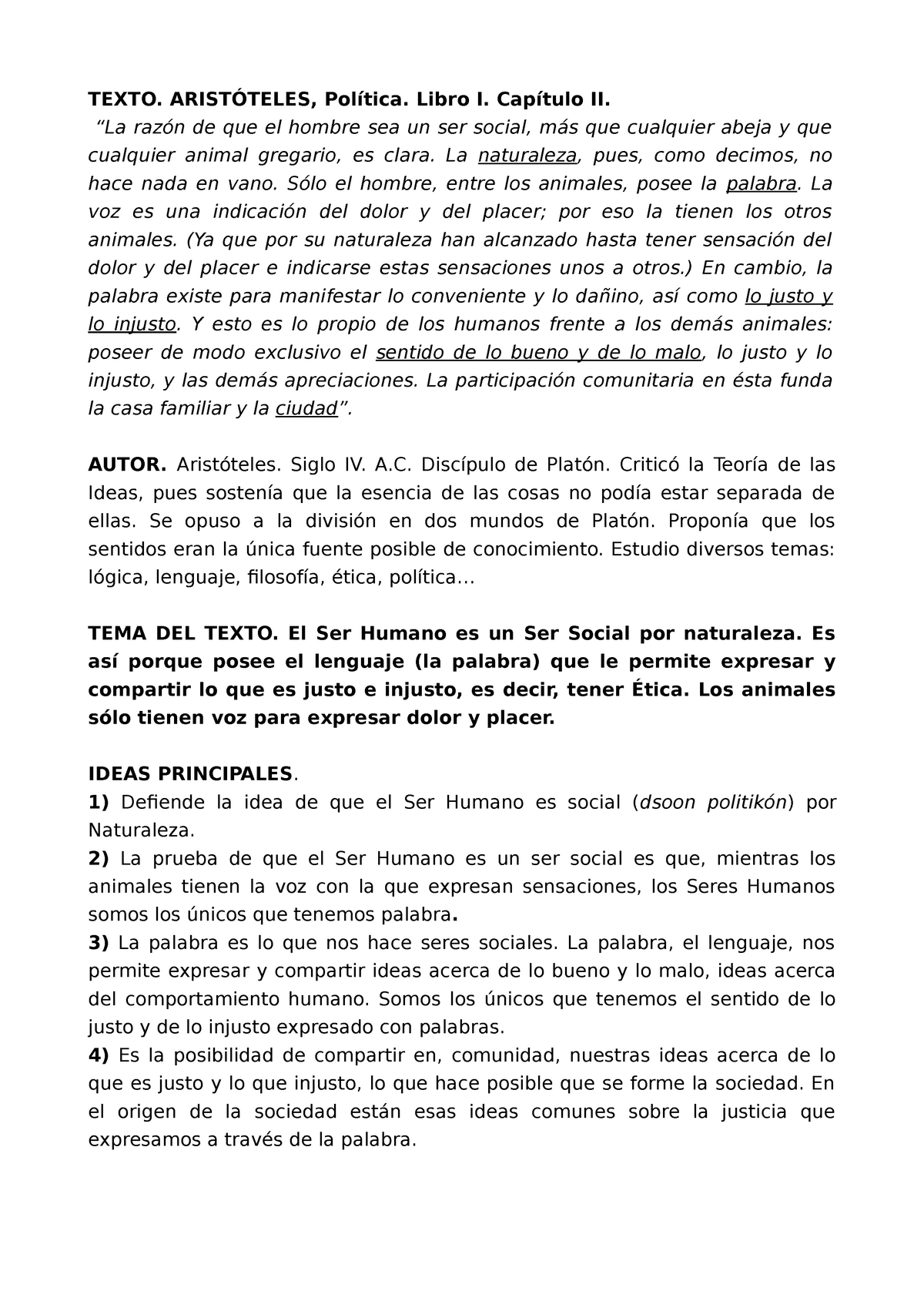 Comentario Aristóteles Texto AristÓteles Política Libro I