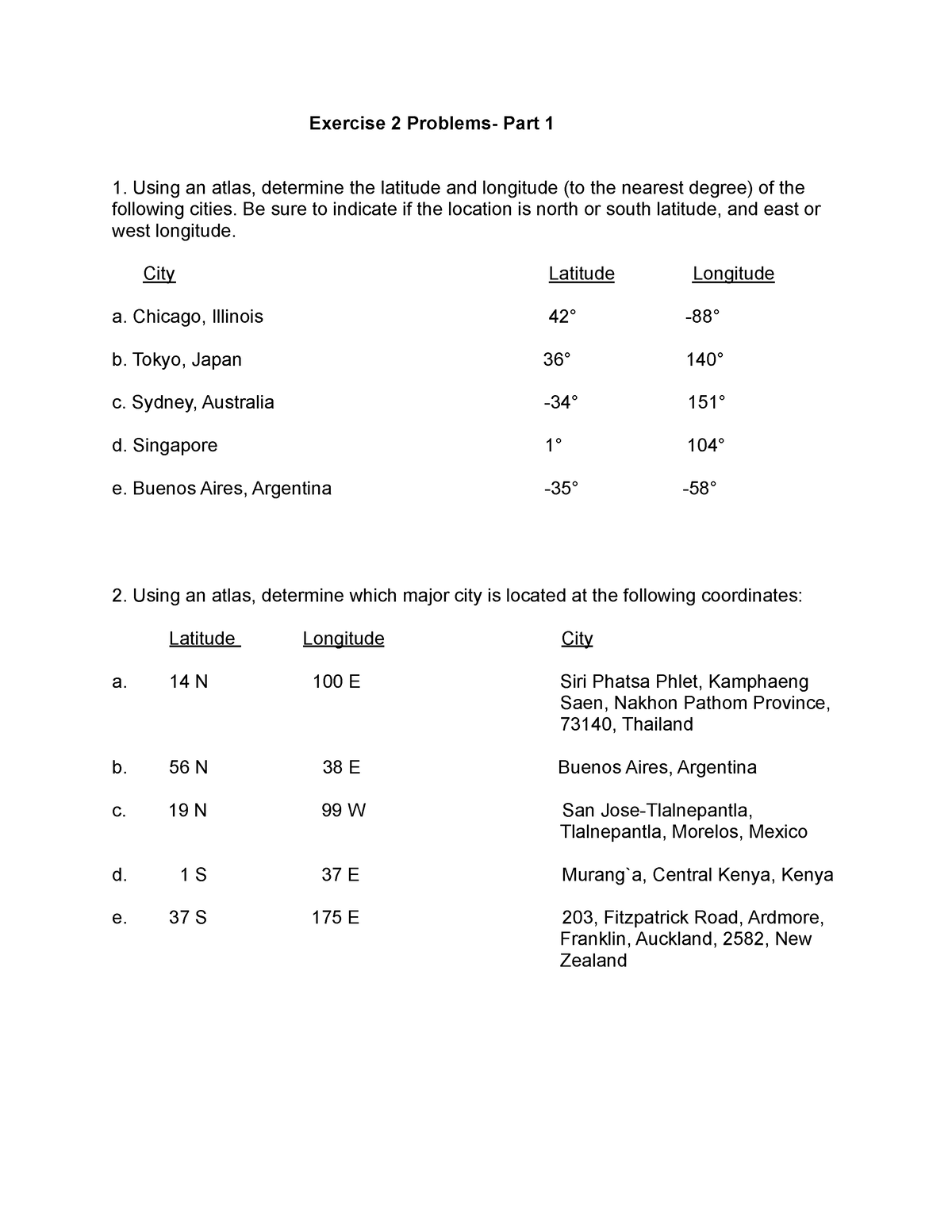 Latitude And Longitude Lab Part 1 Exercise 2 Problems Part 1 Using