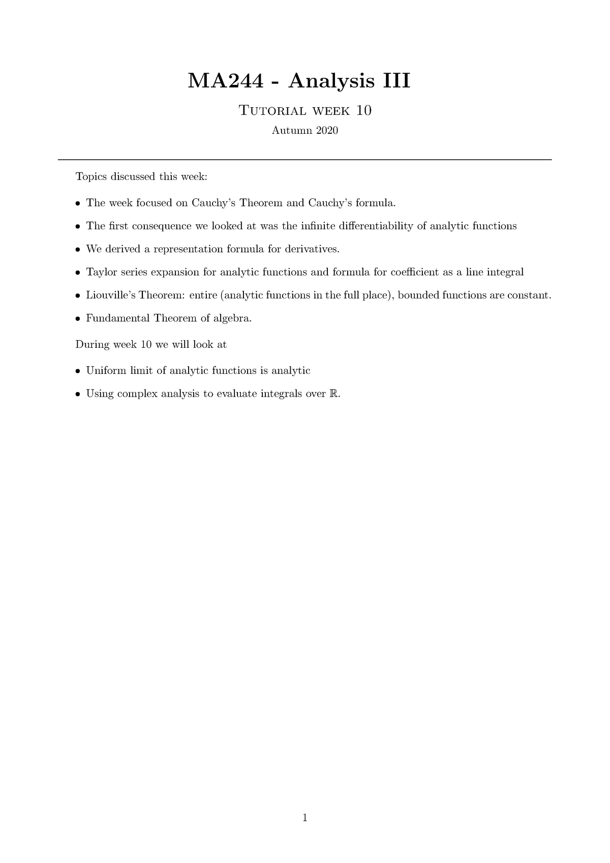 Ma244 Week 10 Tutorial Sheet With Solutions Ma244 Analysis Iii