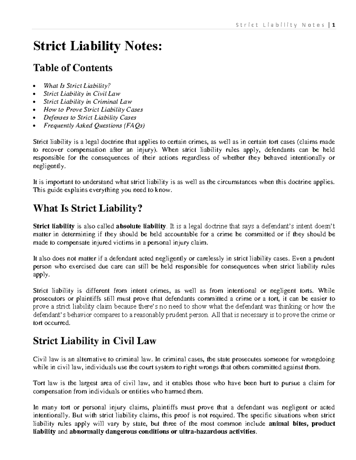 Strict Liability Tort Notes Strict Liability Notes Table Of Contents