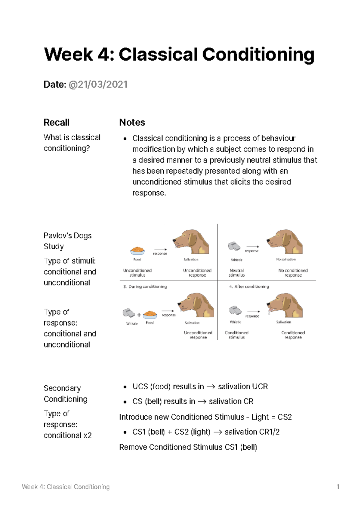 Week 4 Classical Conditioning Week 4 Classical Conditioning Date