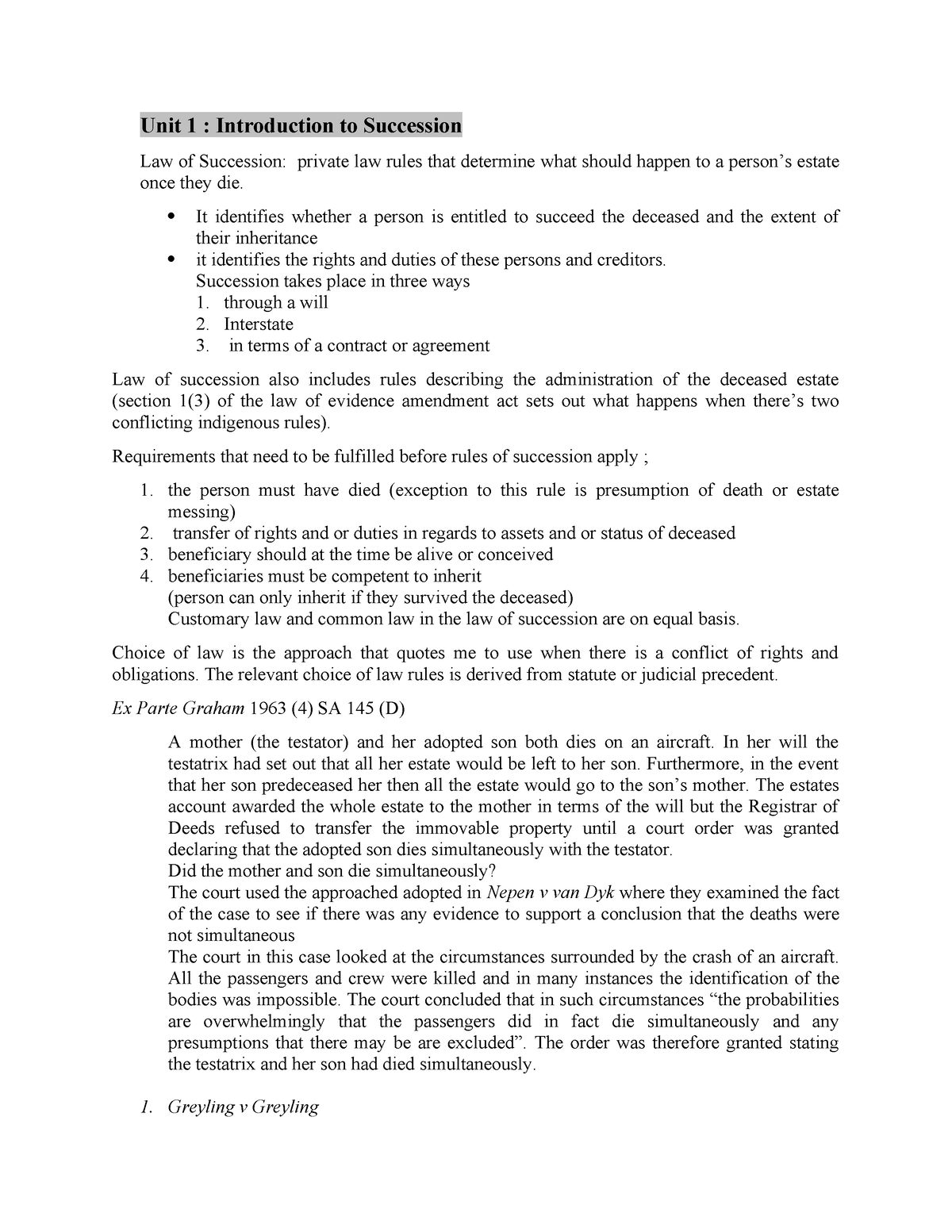 Law Of Succession Note Unit 1and 2 Unit 1 Introduction To