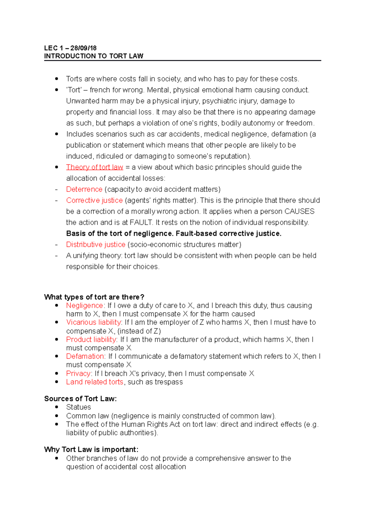 1 Intro To Tort Law Lecture Notes 1 2 Lec 1 2809 Introduction