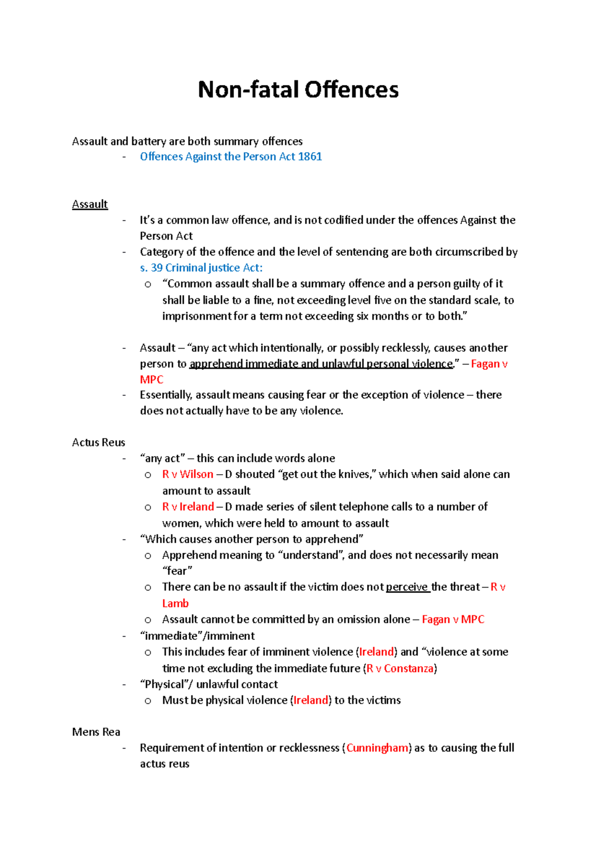 Non Fatal Offences Criminal Law Exam Notes Non Fatal Ofences