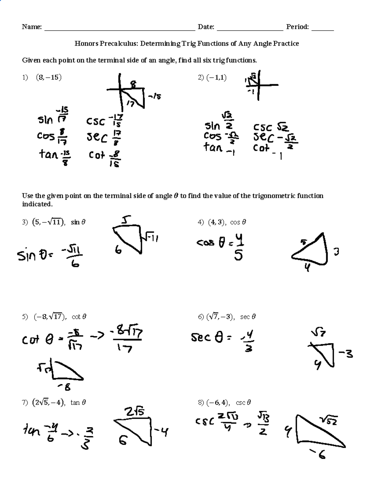 Finding Trig Ratios Point Quadrant One Function F Pav8 Name Studocu