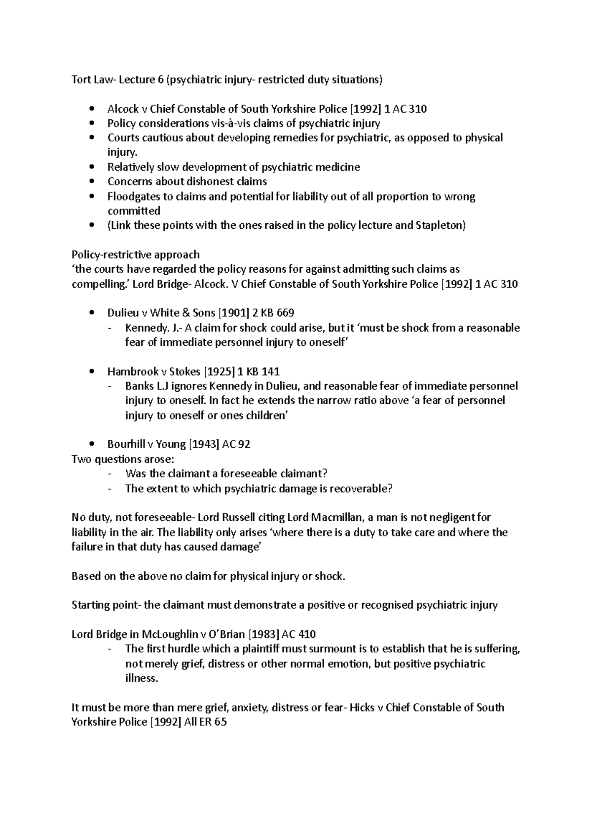 Tort Lecture 6 Tort Law Lecture 6 Psychiatric Injury Restricted