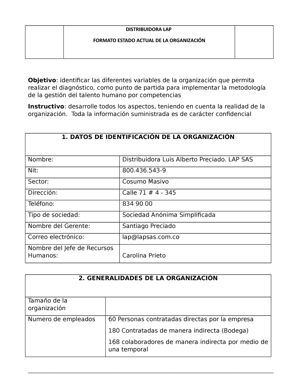 Formato Diagnostico Organizacional Formato Estado Actual De La