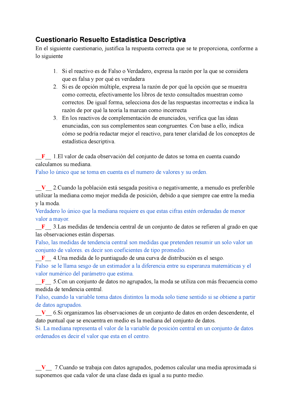 Cuestionario Resuelto Estadística Descriptiva De Igual Forma