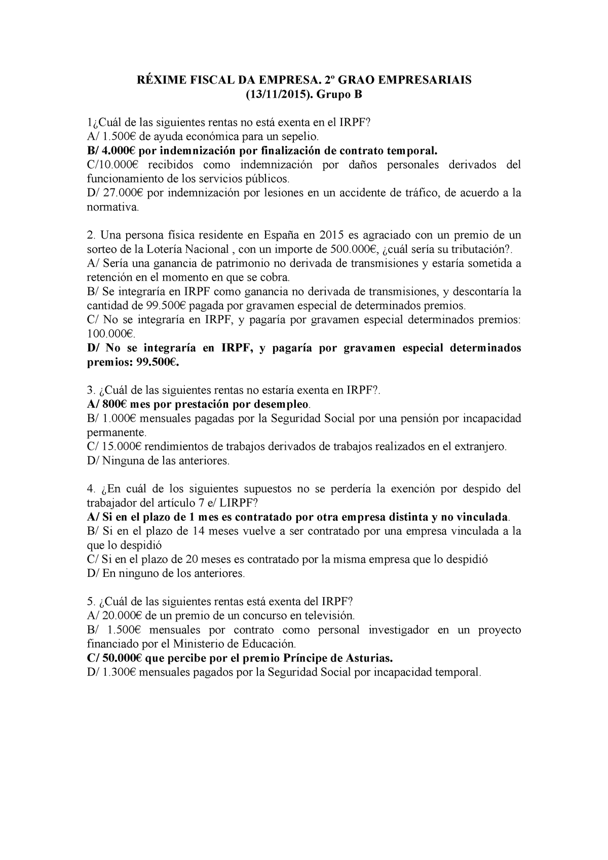 Solución Test Rentas Exentas Contribuyentes Irpf Doble Grado RÉxime