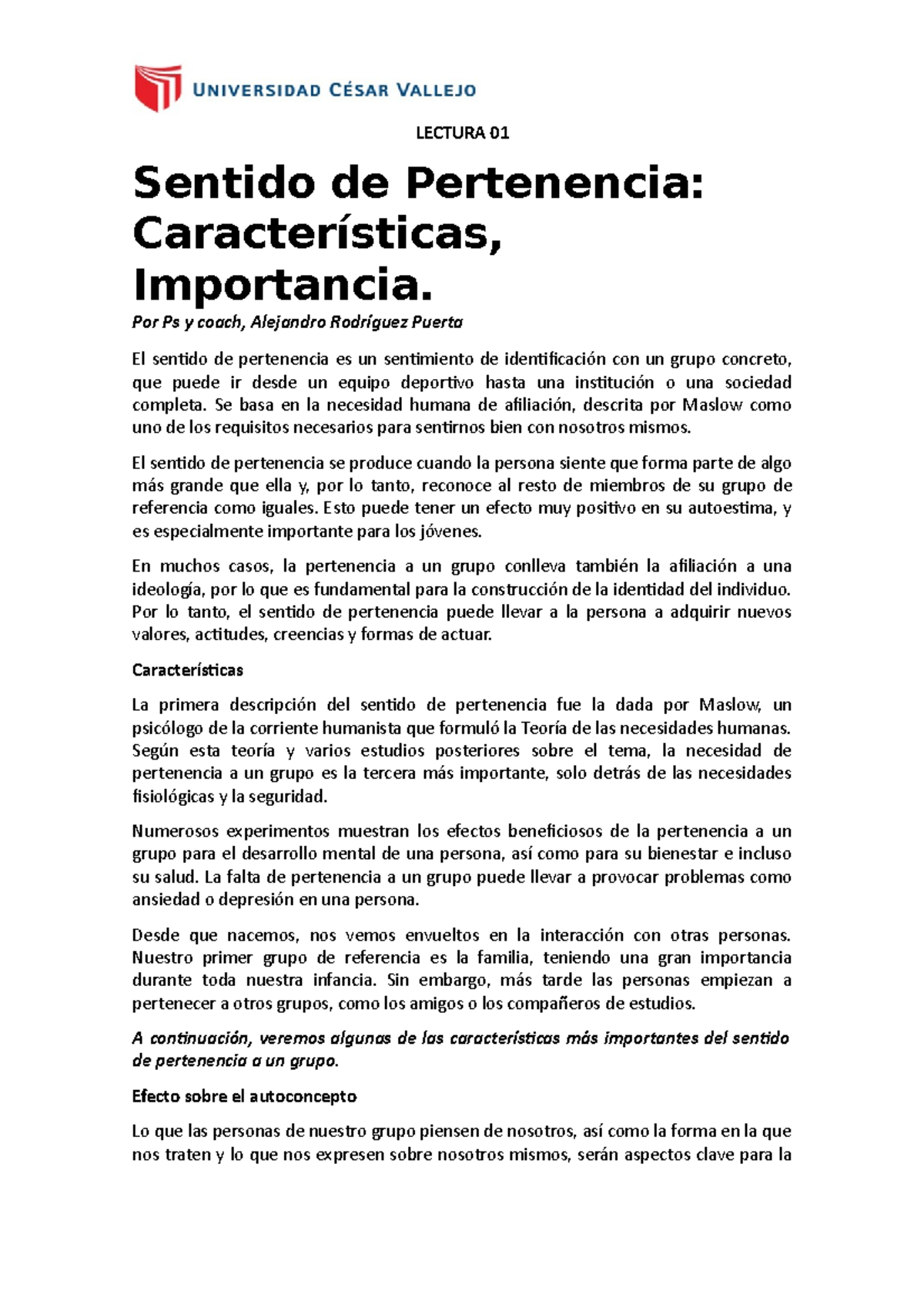 2° Lectura 01 Lectura 01 Sentido De Pertenencia Características