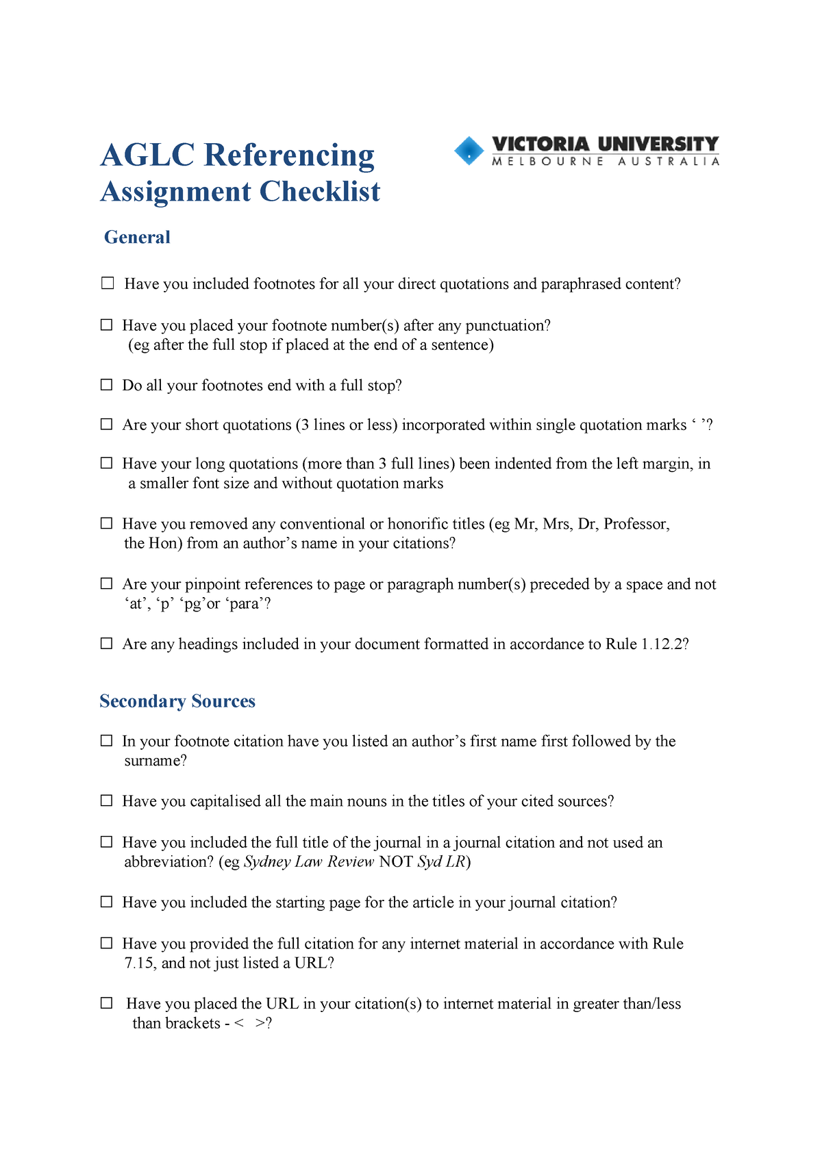 Aglc4 Assignment Checklist Aglc Referencing Assignment Checklist