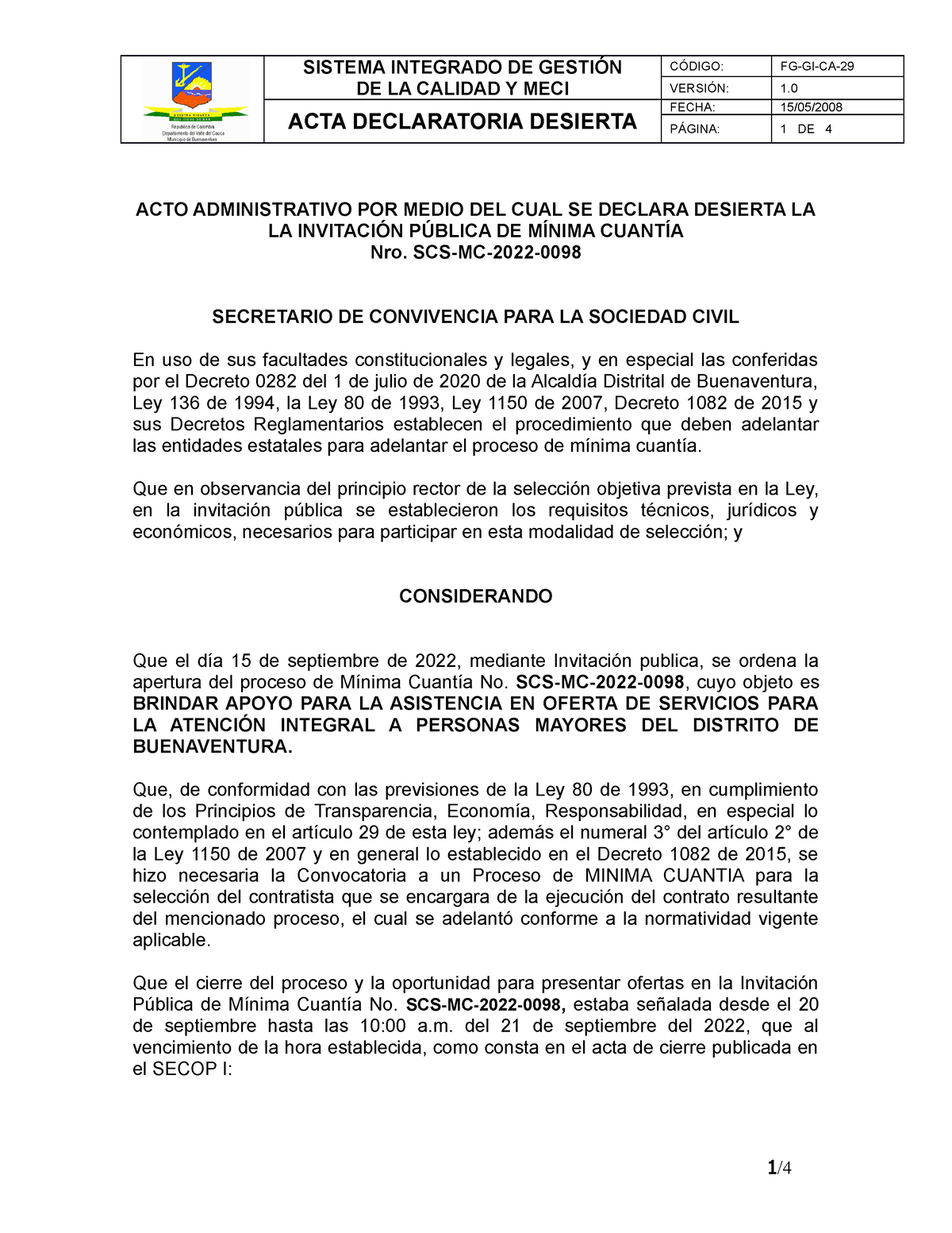 Acta De Declaratoria De Desierta Proceso Scs Mc 2022 0098 Sistema