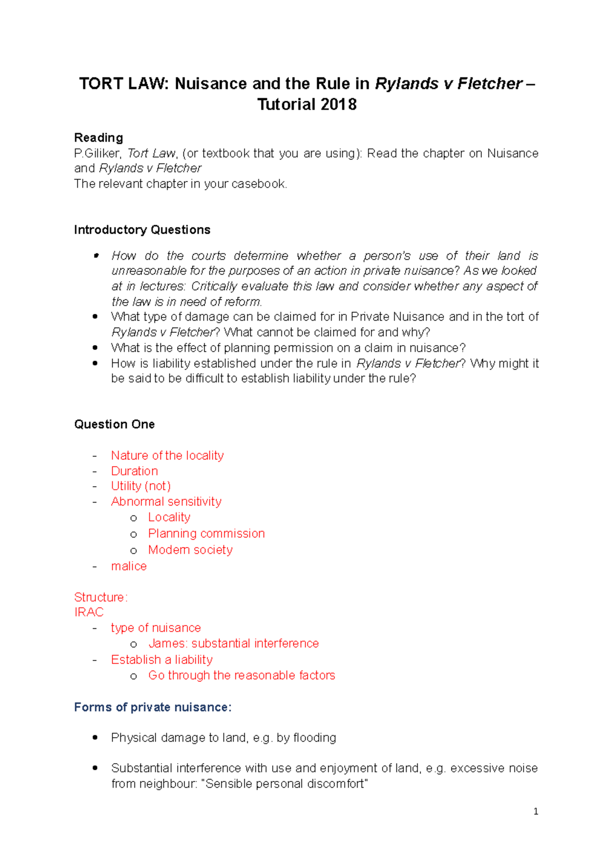 Tort Law 2018 Nuisance And Rylands Tutorial Tort Law Nuisance And