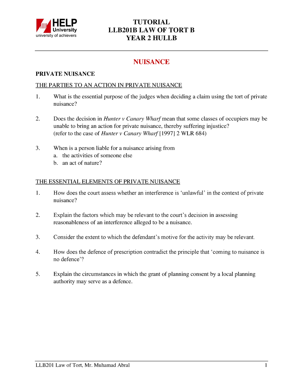 17a Nuisance Specimen Questions Tutorial Llb201b Law Of Tort B