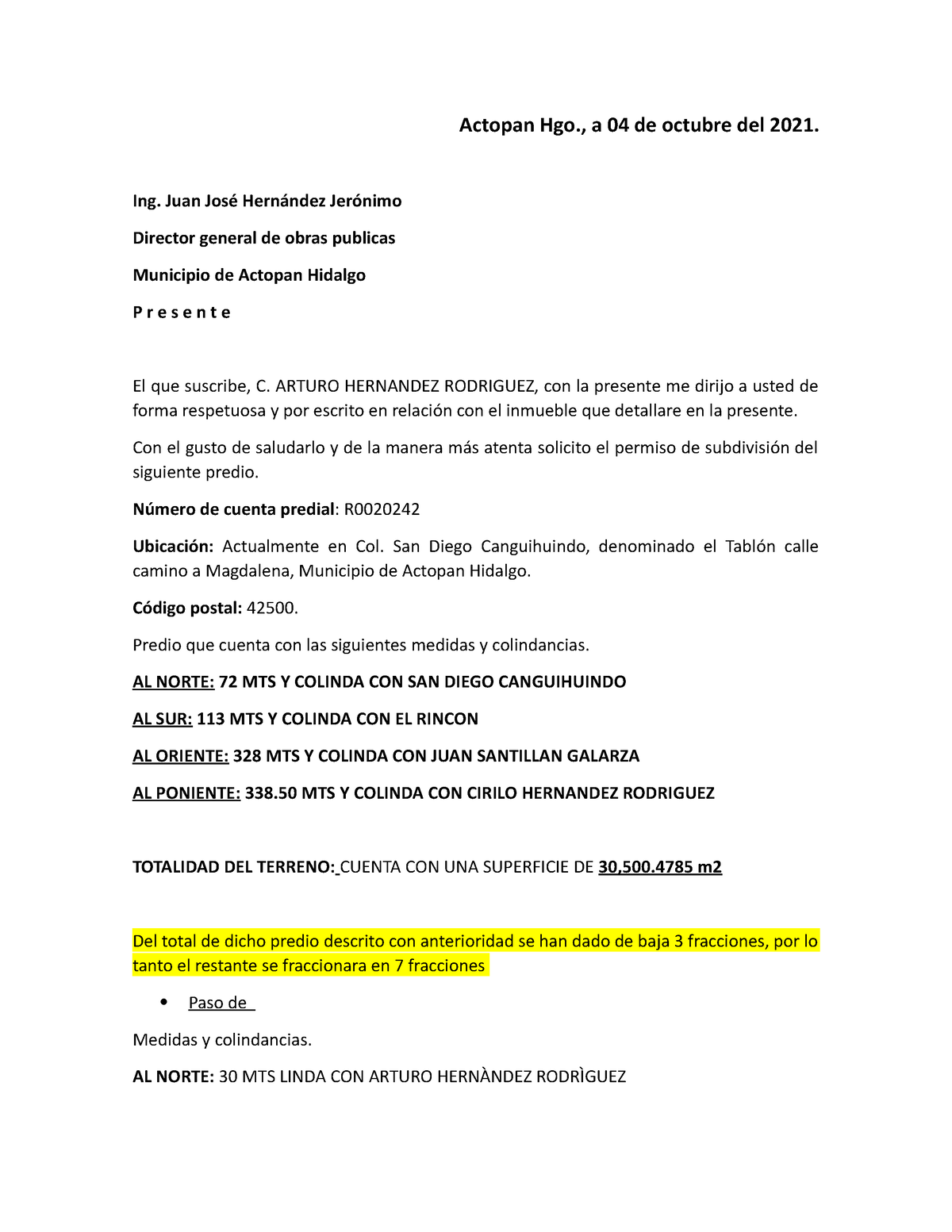 Solicitud De Permiso De Subdivision Actopan Hgo A 04 De Octubre Del