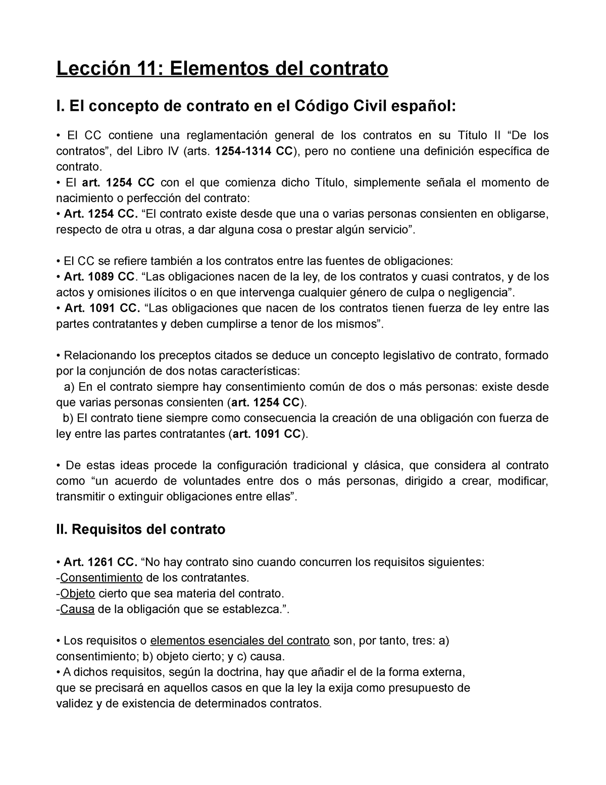 Teoría Tema 11 Oyc Lección 11 Elementos Del Contrato I El Concepto