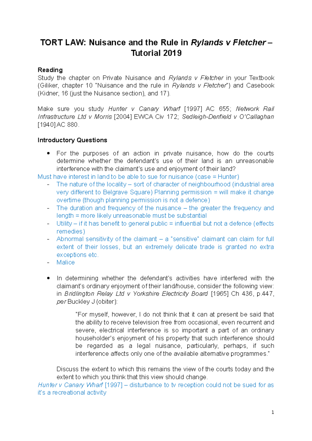 Tort Nuisance Tutorial Tort Law Nuisance And The Rule In Rylands V