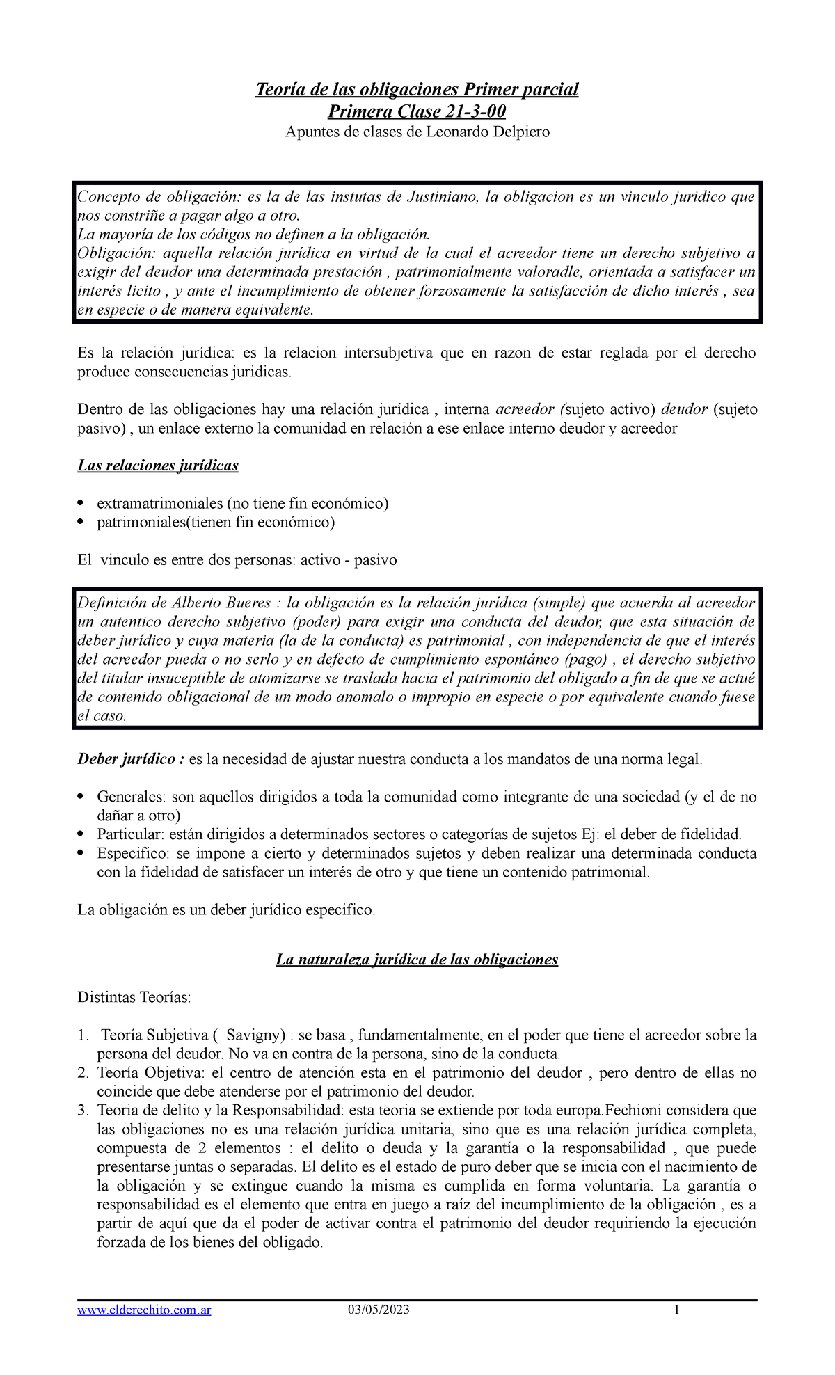 Apunte De Obligaciones Teoría De Las Obligaciones Primer Parcial