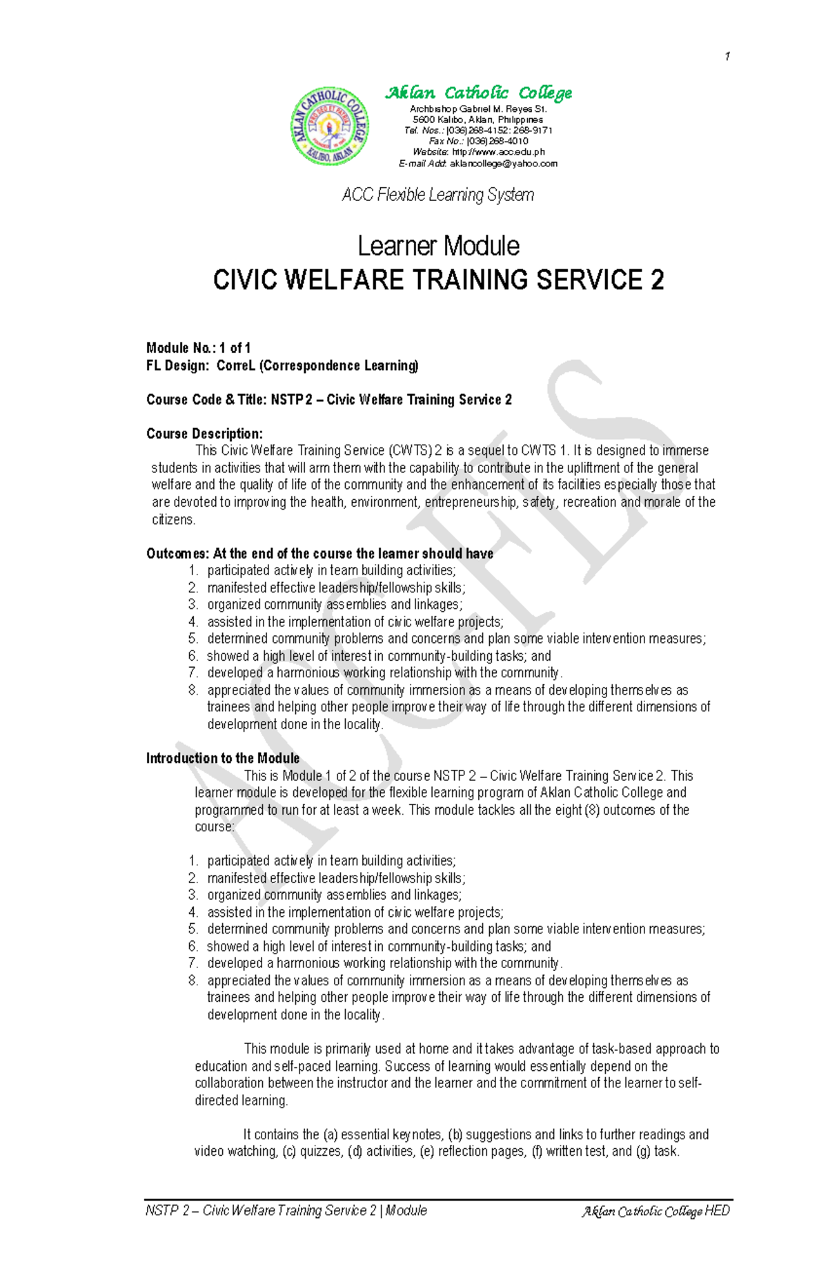 Nstp 2 Module Lecture Notes 1 Acc Flexible Learning System Learner