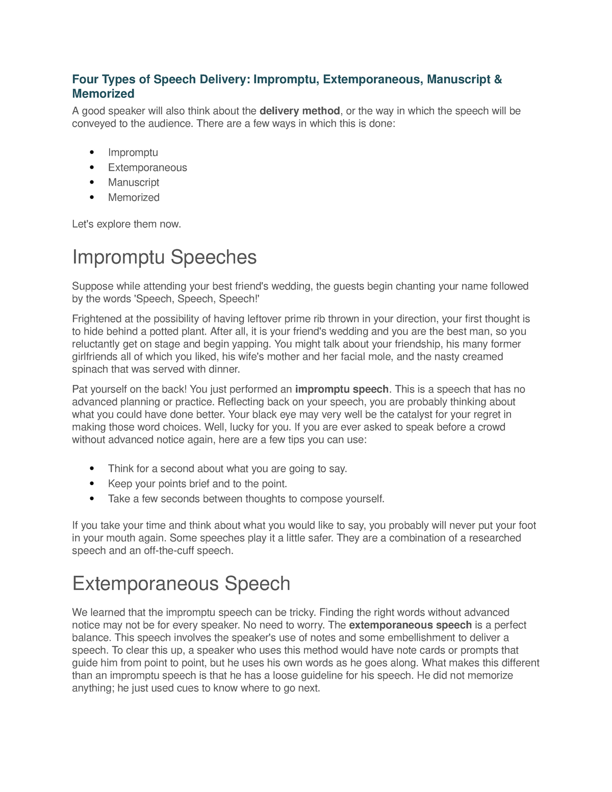 Four Types Of Speech Delivery Four Types Of Speech Delivery