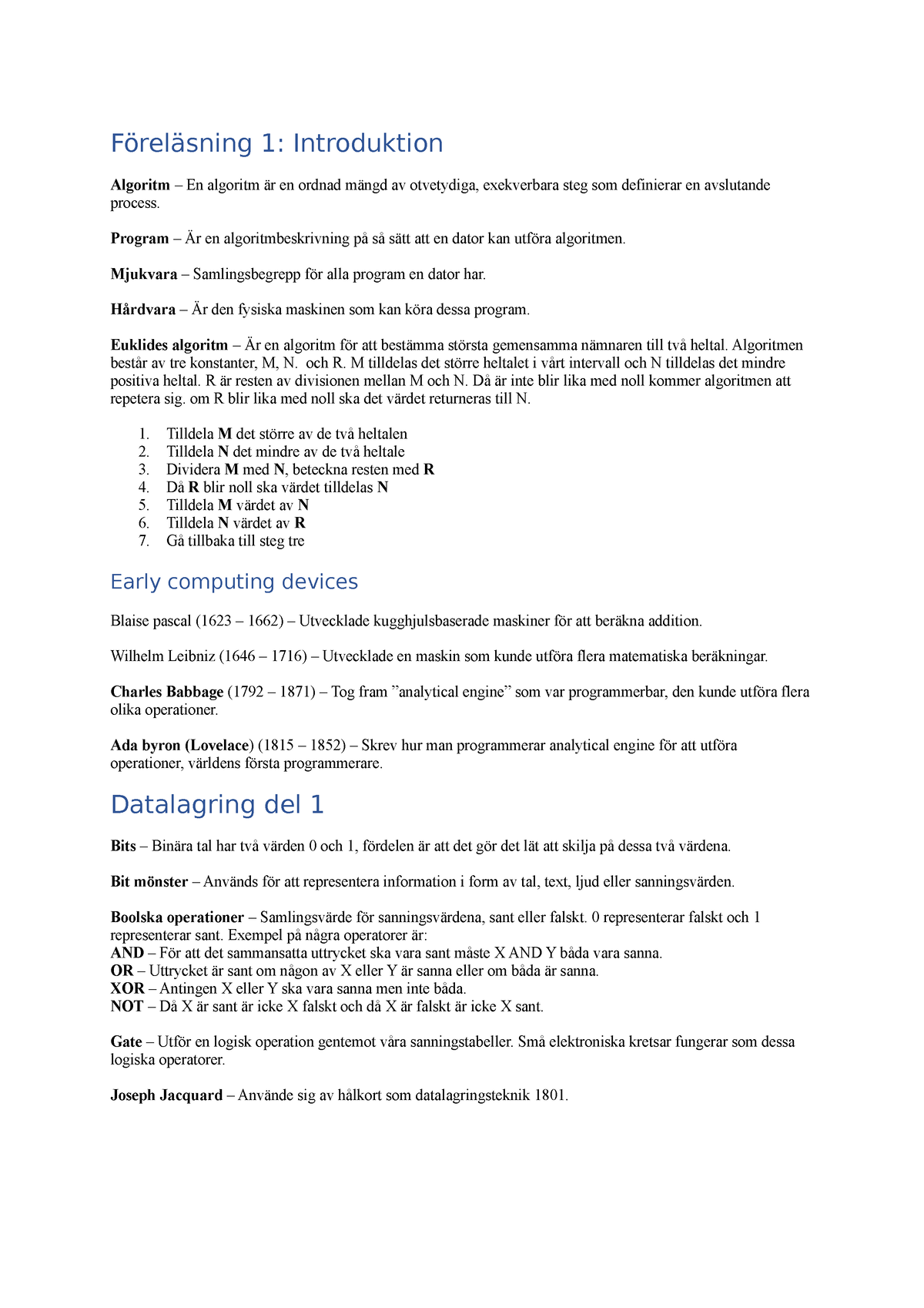 Introduktion Till Data Och Systemvetenskap Föreläsning 1