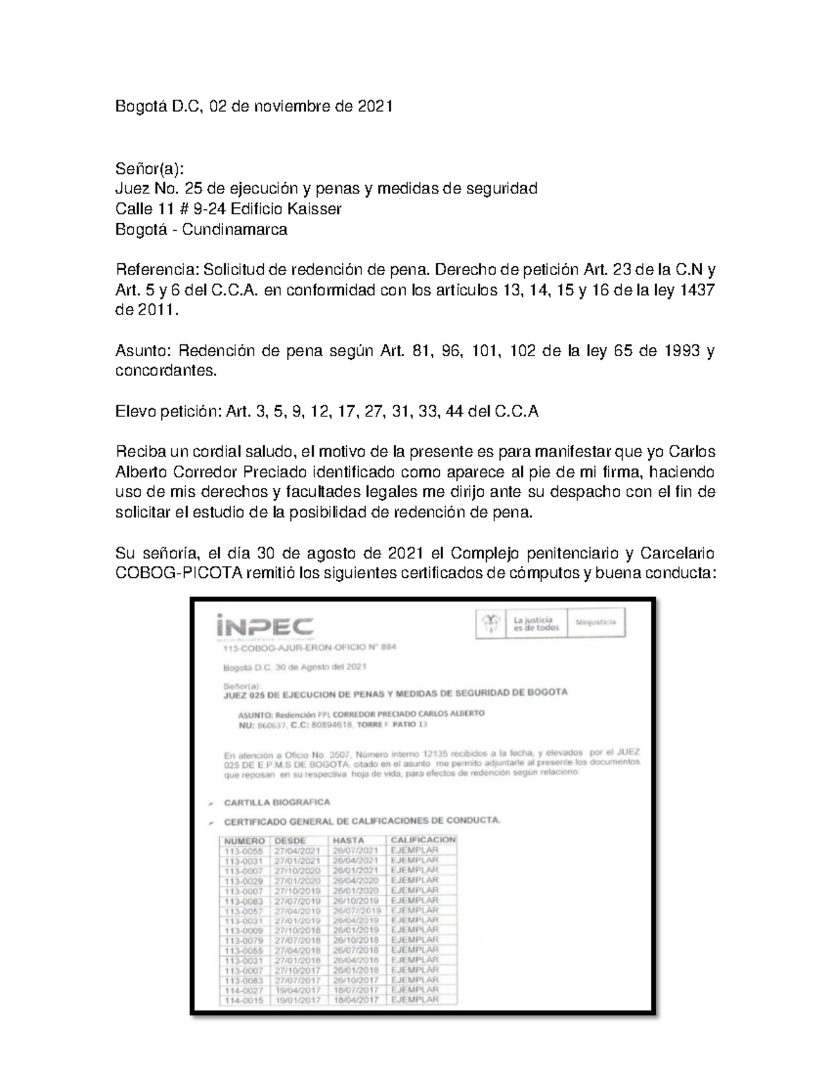 1 Carlos Alberto Corredor Preciado Solicitud De Redencion De Pena A