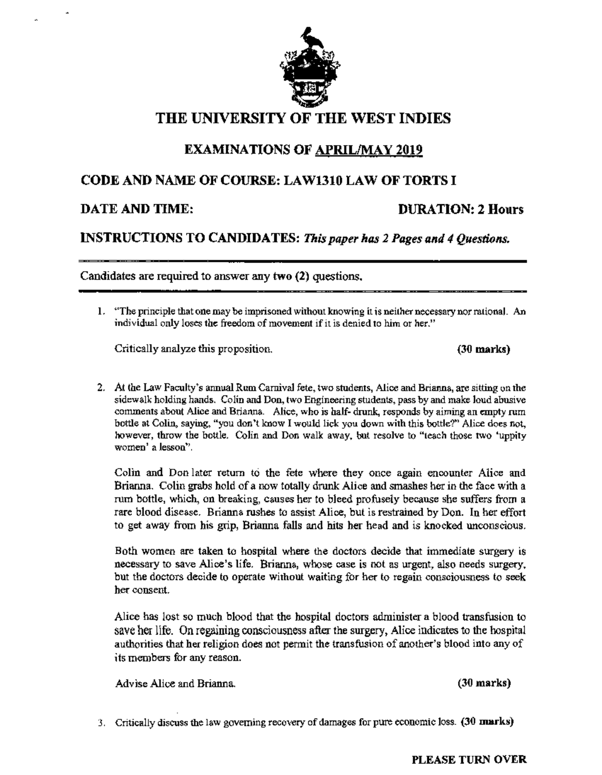 2019 Exam Practicals Law Of Torts Ii Studocu