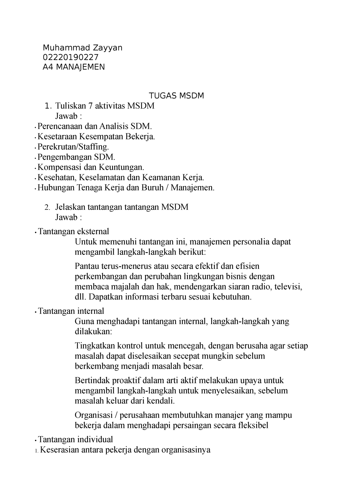 Tugas Msdm 1 Sdm Muhammad Zayyan 02220190227 A4 Manajemen Tugas