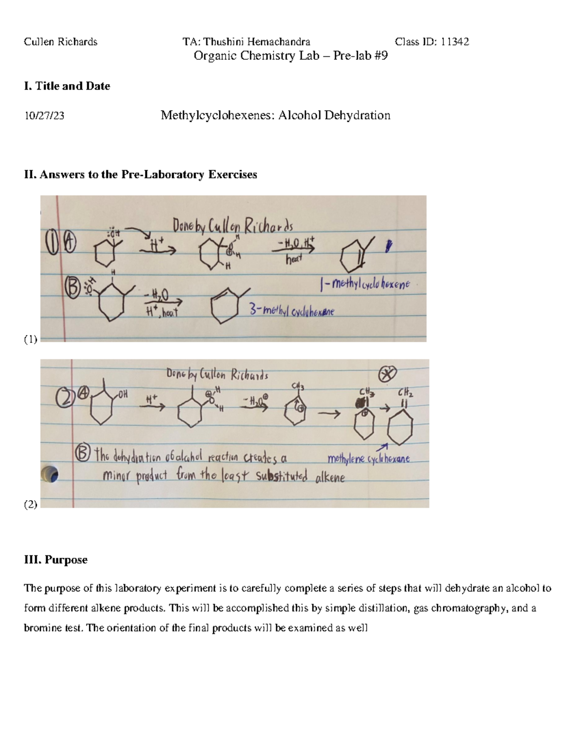 Organic Chemistry Pre Lab Alcohol Dehydration Cullen Richards Ta