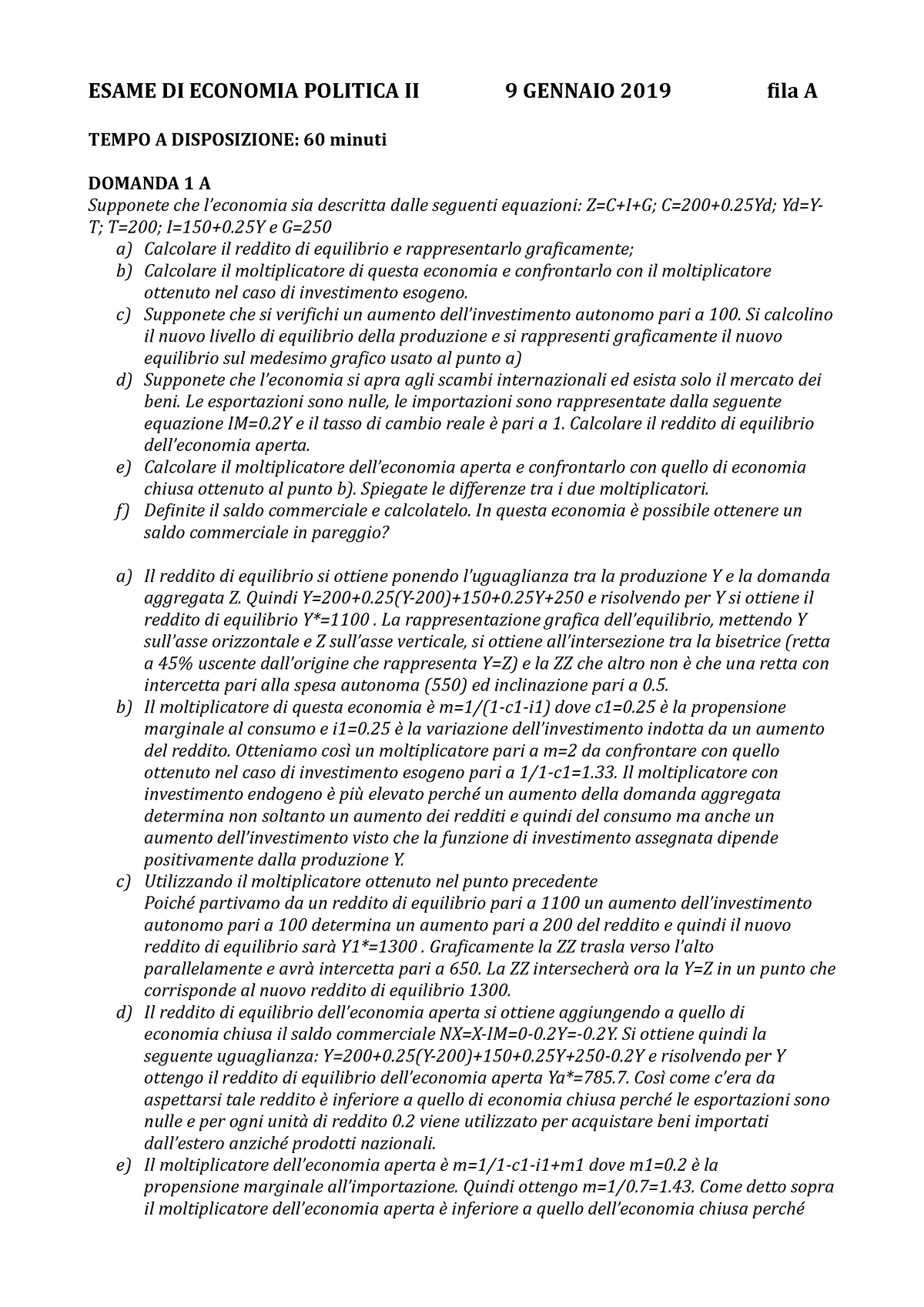 Esame Gennaio 2019 Fila A Soluzioni Esame Di Economia Politica Ii 9